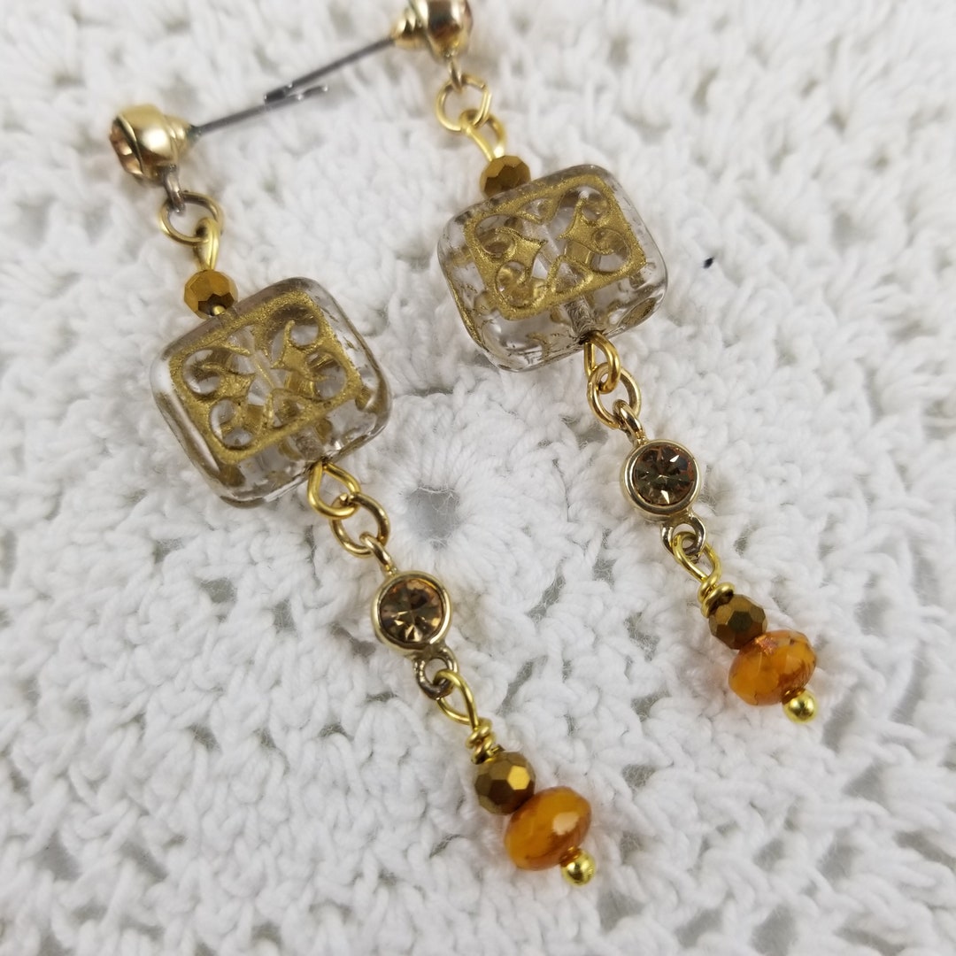 Gold Post Glass Earrings on Push Backs With Czech Gold Glass Beads Plus ...