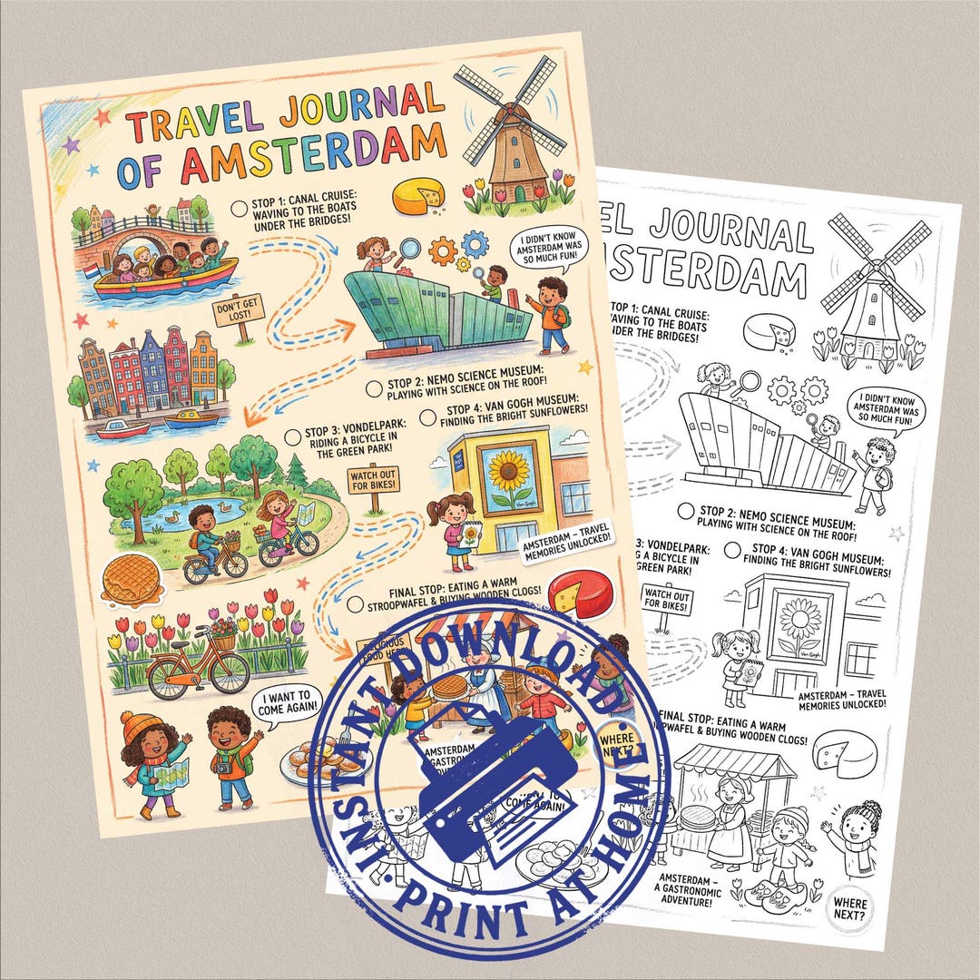 Amsterdam Travel Journal for Kids Printable Coloring Page, Vacation ...