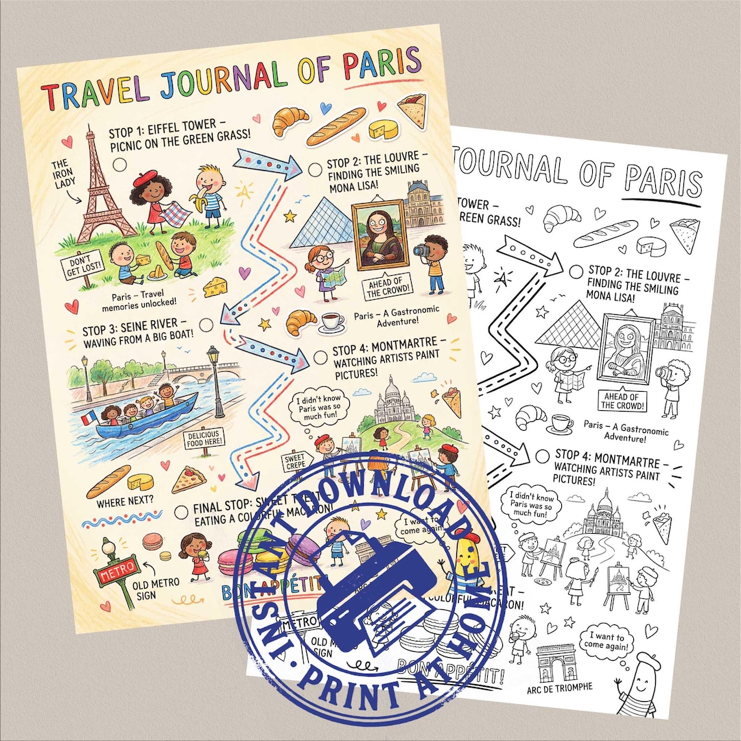 Paris Travel Journal for Kids Printable Coloring Page, Vacation ...