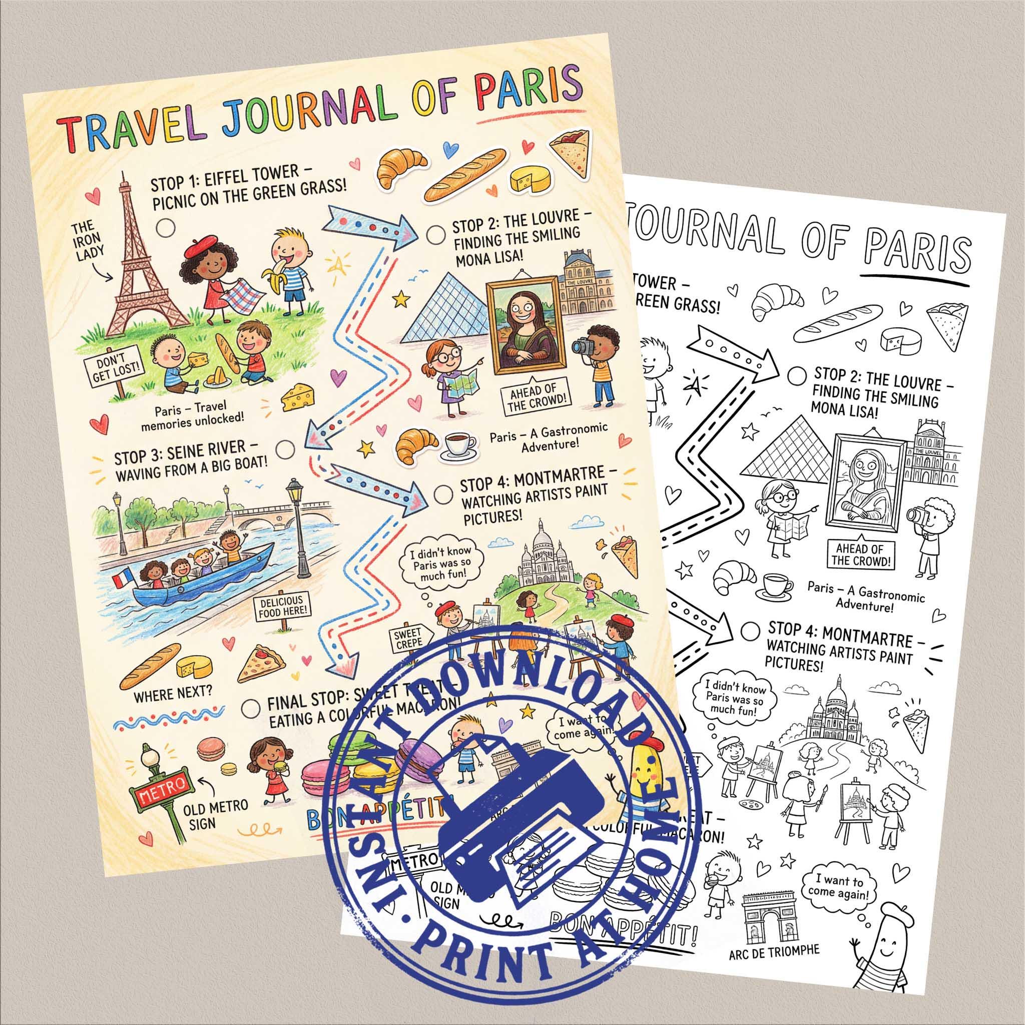 Paris Travel Journal for Kids Printable Coloring Page, Vacation ...