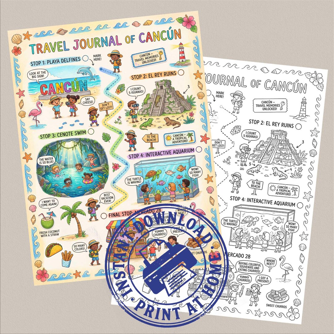 Cancun Travel Journal for Kids Printable Coloring Page, Vacation ...