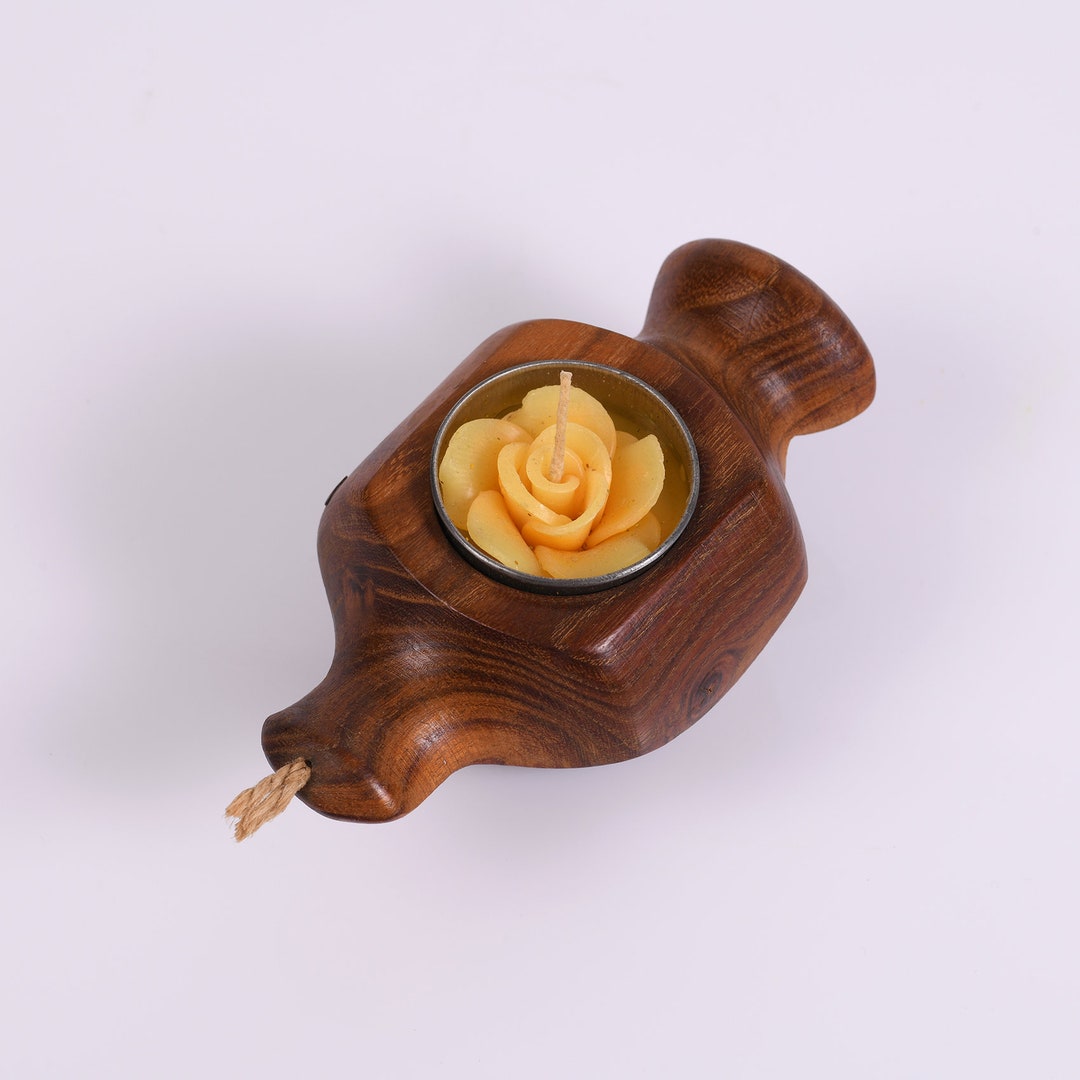 Handmade Indian Sissoo Wood Candle Holder With Flower Candle - Perfect ...