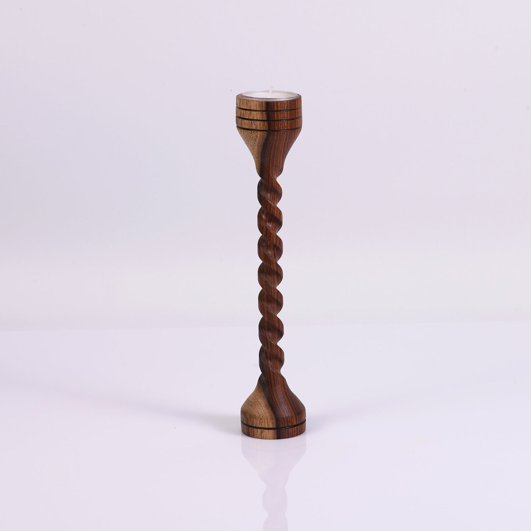 Spiral Leg Artistic Wood Candlestick - Hand Carved and Engraved Wooden ...