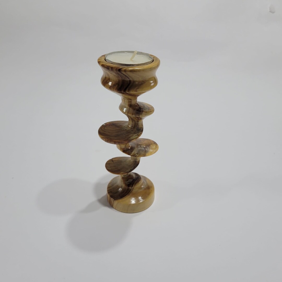 Handcrafted Olive Wood Spiral Foot Candlestick With Eccentric Engraving ...