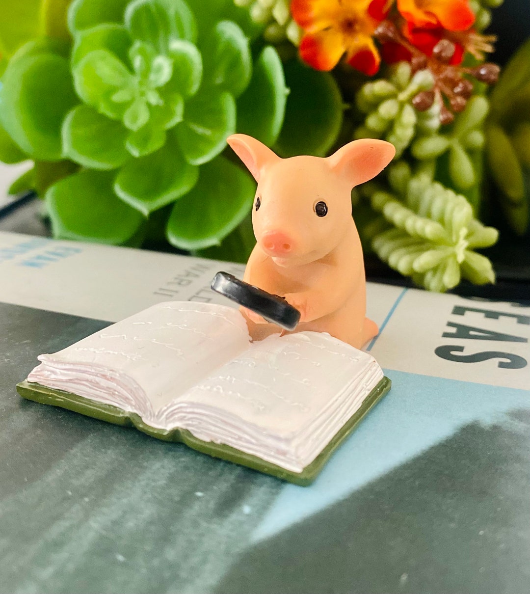 Cute Pig Reading Book With Magnifying Glass Miniature Garden - Etsy