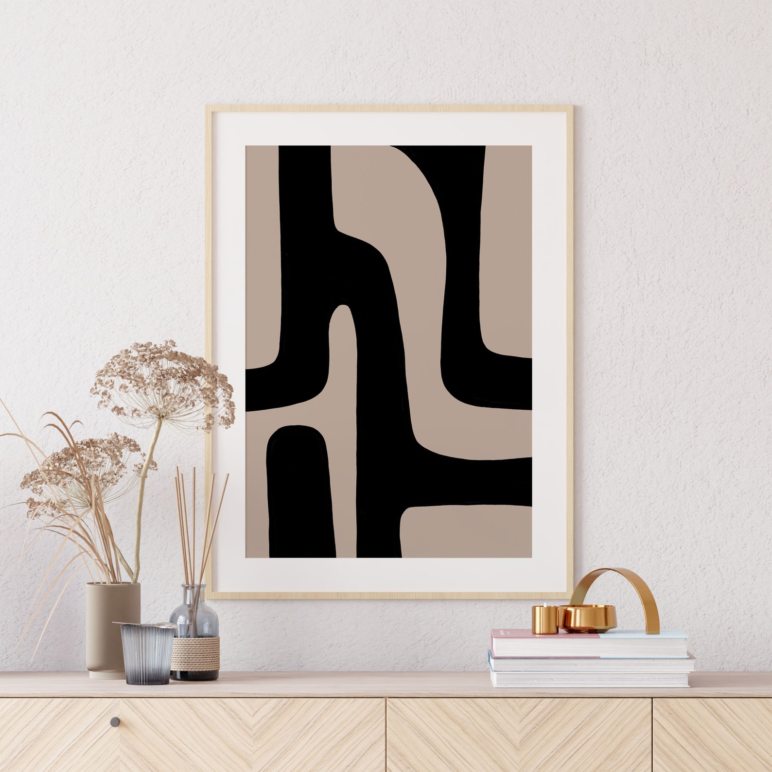 Large Abstract Wall Art, Minimalist Poster, Beige and Black Wall Art ...
