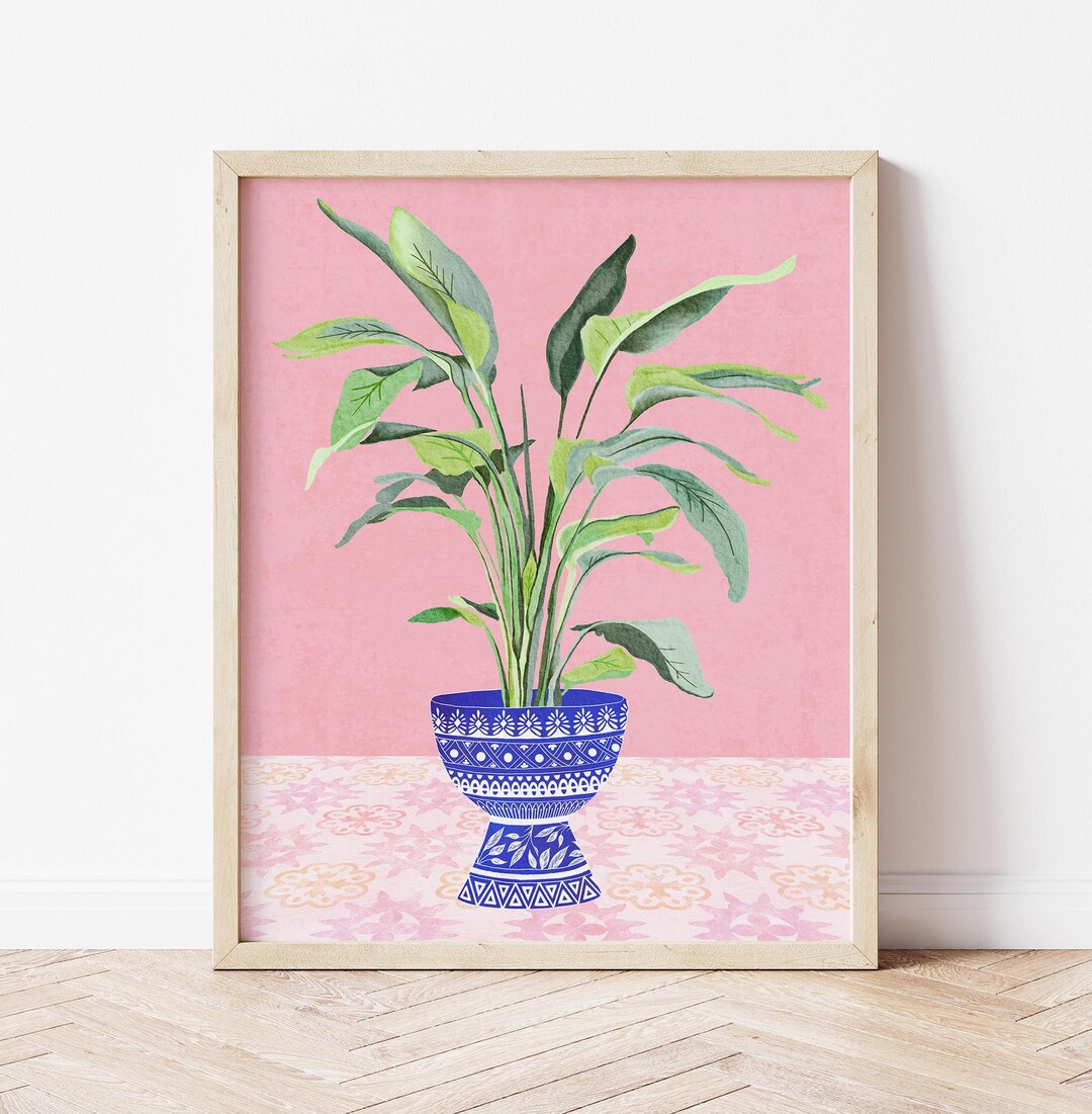 House Plant Print, Large Plant on Tile Floor, Pink Wall Art, Boho Home ...