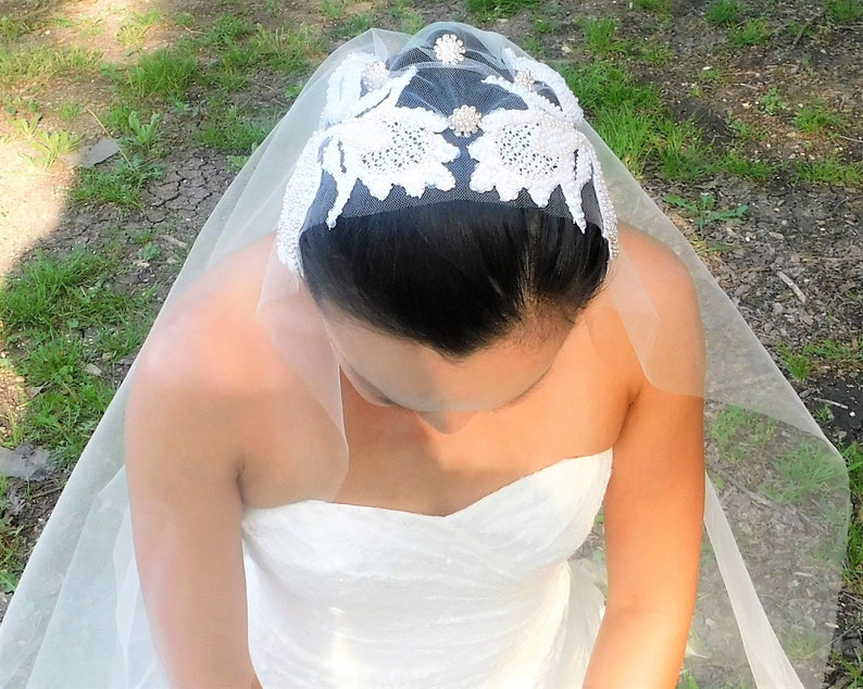 Ivory Cathedral Venice Lace Juliet Cap Beaded Embellished Bridal ...
