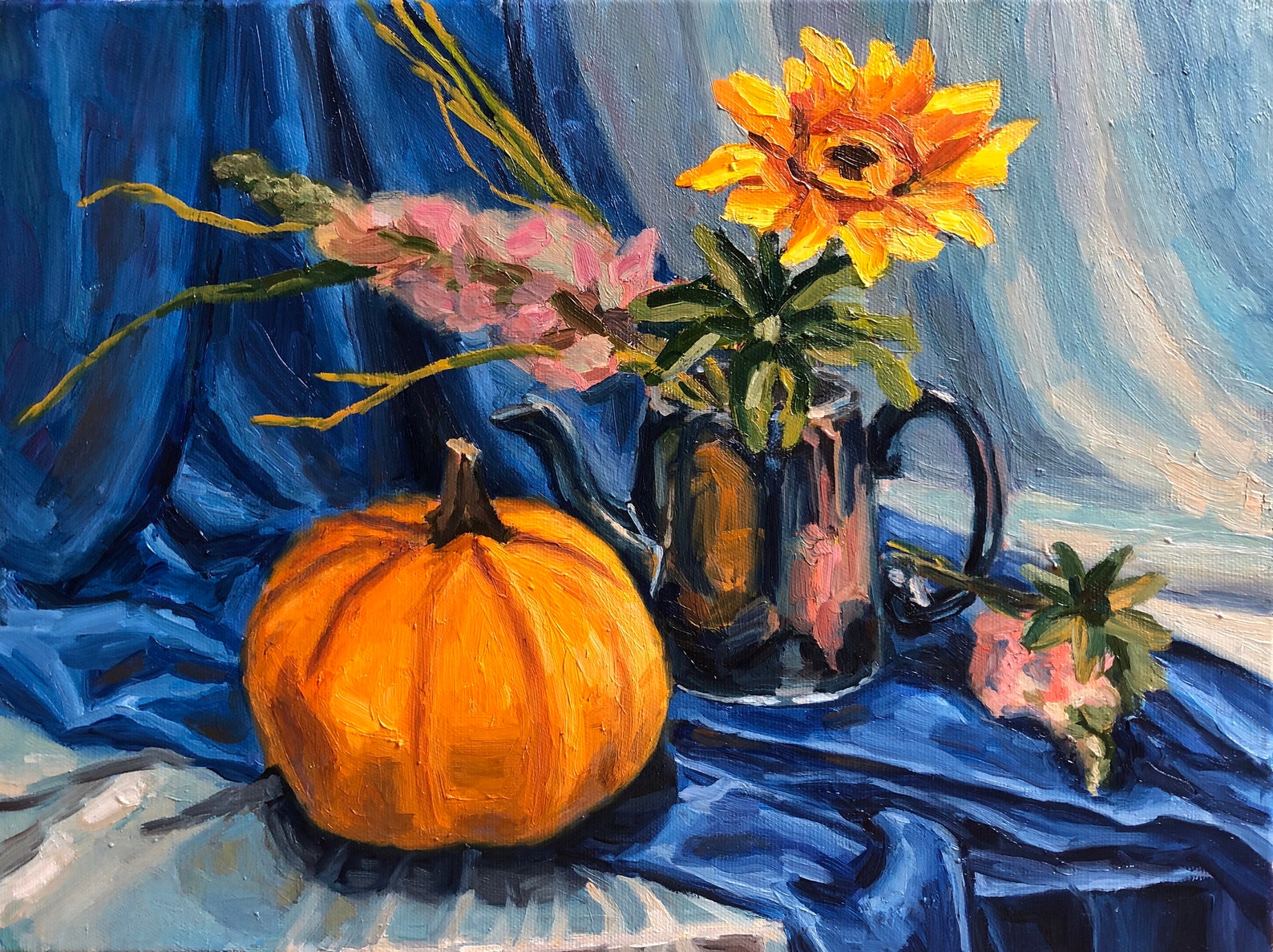 Still Life With Yellow Pumpkin and Flowers Original Oil Painting ...