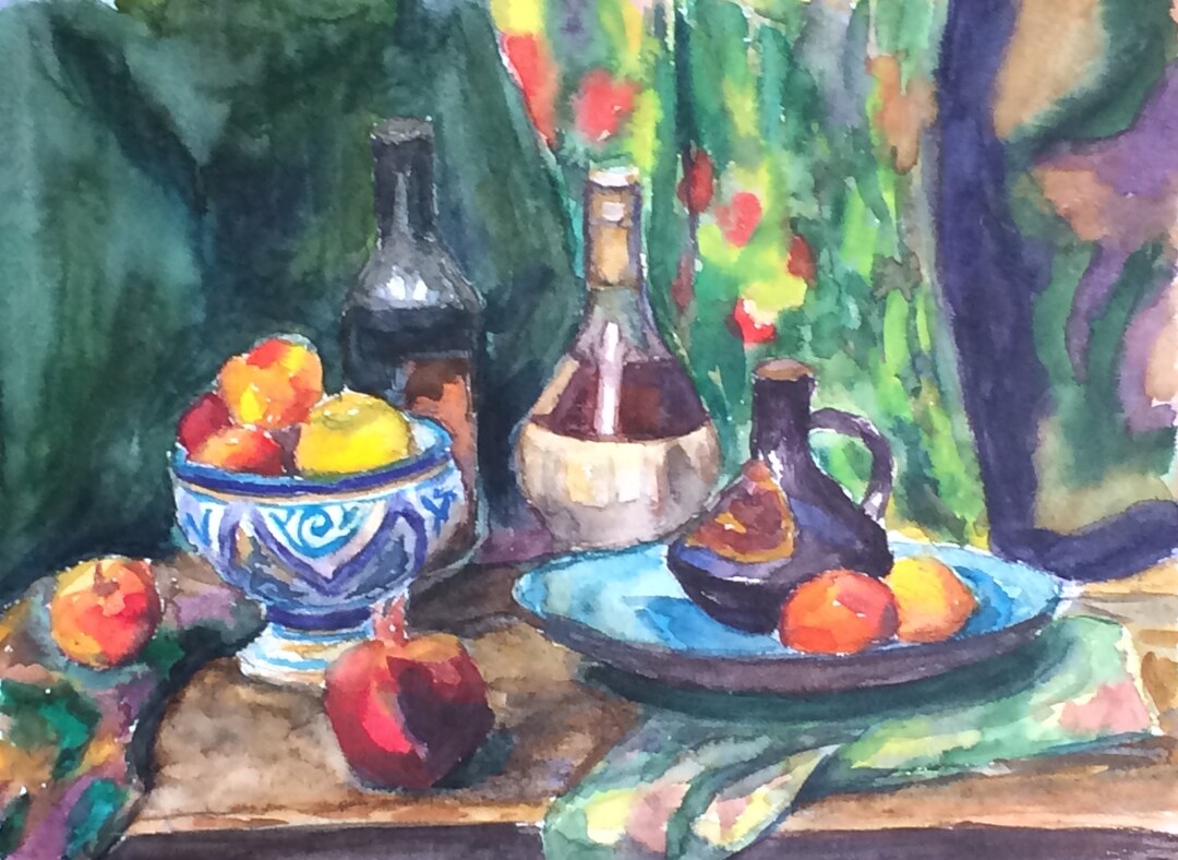 Original Watercolour Still Life Painting: Wine Bottles, Fruit ...