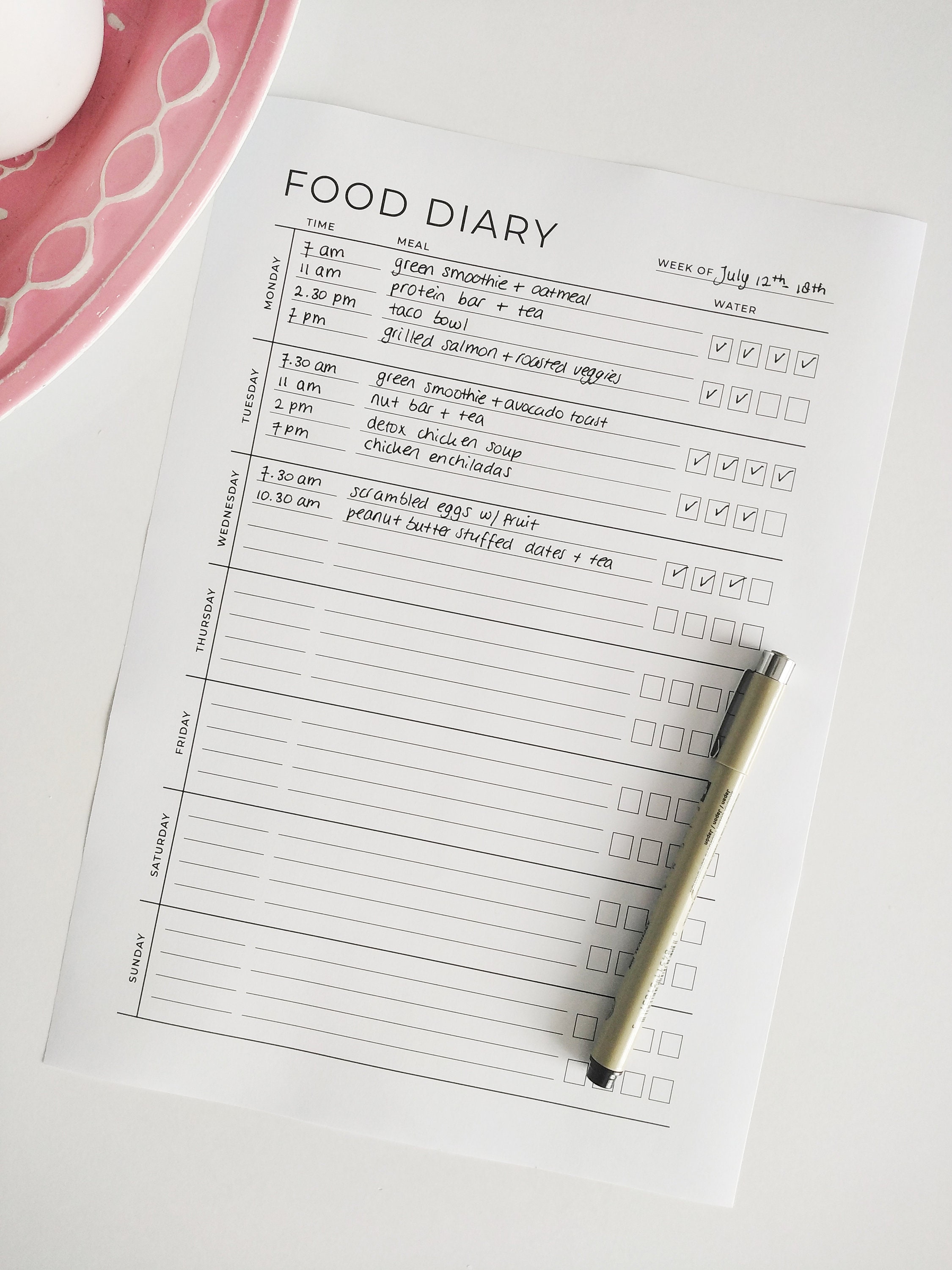 Food Journal Template for Weight Loss. Printable Food Diary. Weekly ...