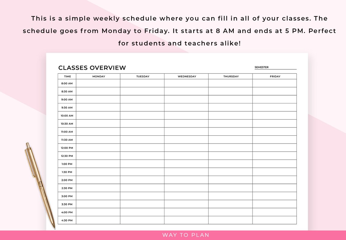Class Schedule Template. Student Teacher Printable. Weekly Course Study ...