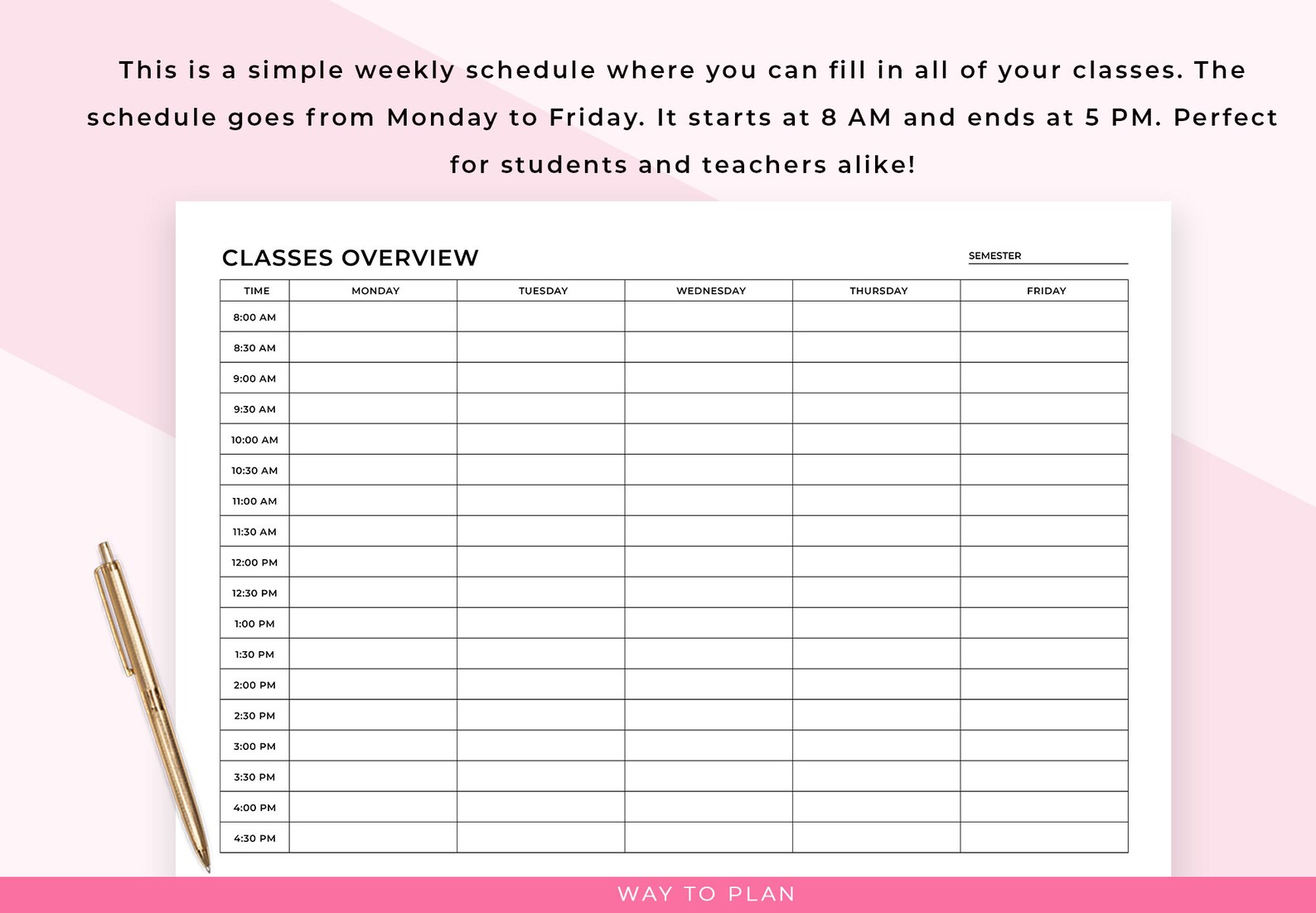 Class Schedule Template. Student Teacher Printable. Weekly Course Study ...