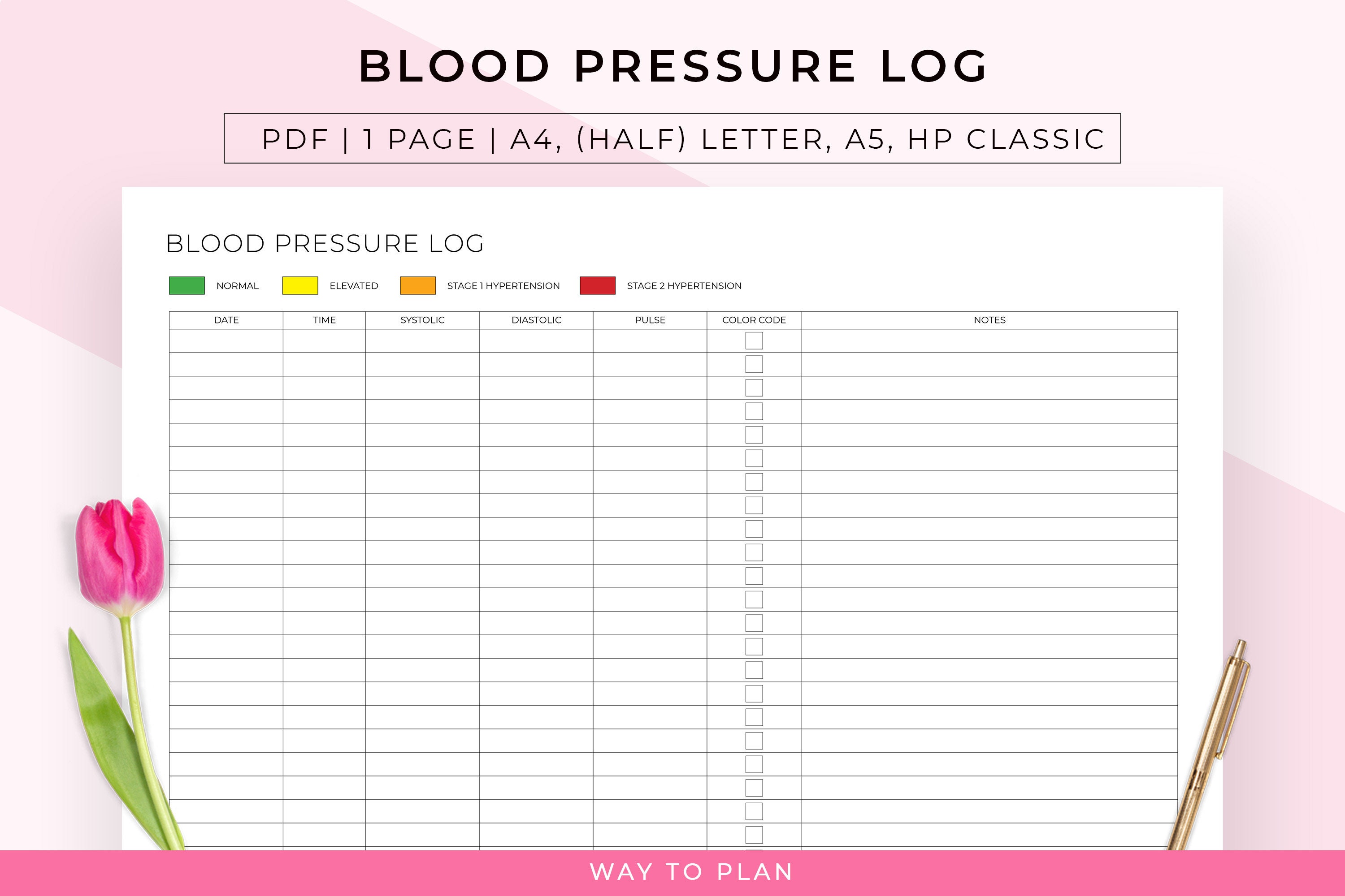 Blood Pressure Log, Blood Pressure Chart, With Color Coding Feature to ...
