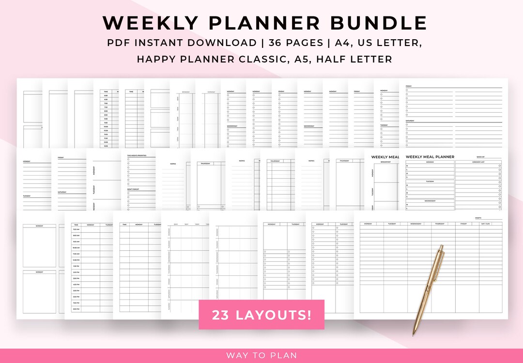 Weekly Planner Printable Bundle 2023. Week on 2 Pages at a Glance. to ...
