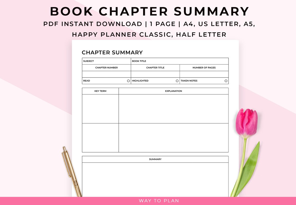 Book Chapter Summary Template Printable Revision Sheet Exam Etsy