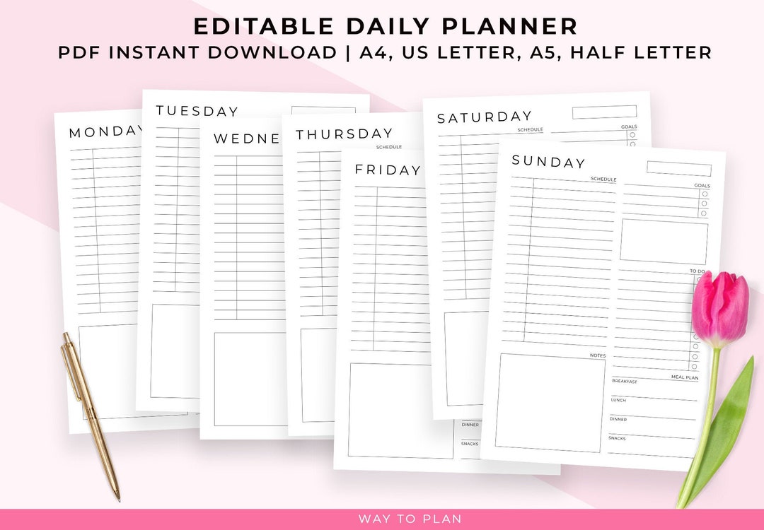 Editable Daily Planner Printable. Customizable and Fillable. Daily ...