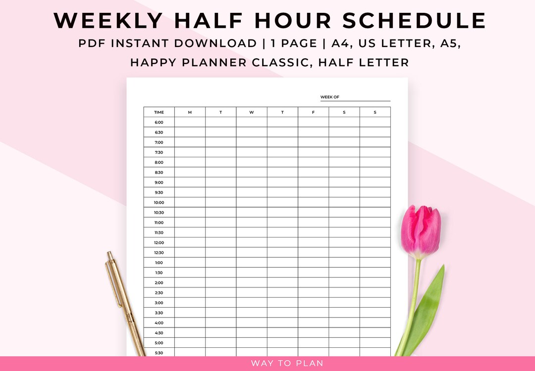 Weekly Half Hour Schedule, Half Hour Schedule, Weekly Half Hour Planner ...