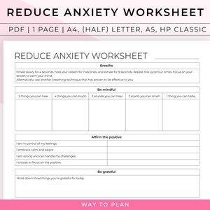 Reduce Anxiety Worksheet to Help You Calm Down Your Anxiety - Etsy