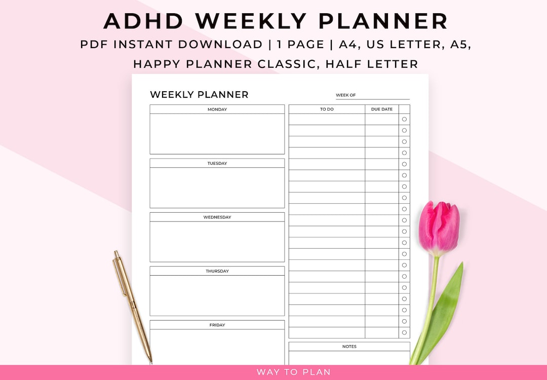 ADHD Weekly Planner. Printable. Simple Minimalist Layout. Undated ...
