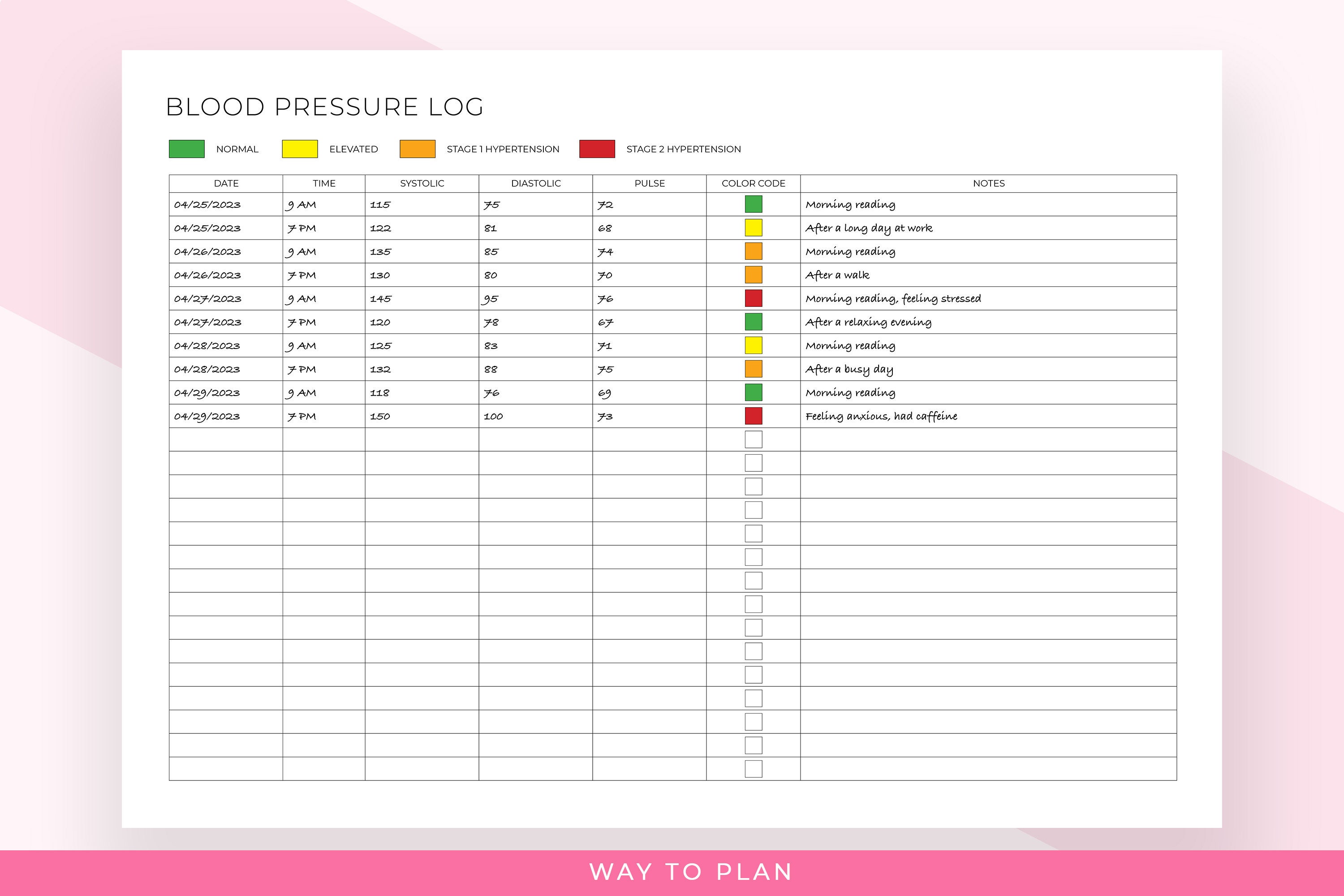 Blood Pressure Log, Blood Pressure Chart, With Color Coding Feature to ...
