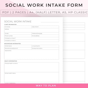 Social Work Intake Form for Noting Down Key Elements of a Social Work ...