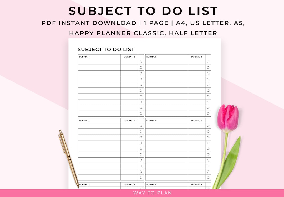 Subject to Do List Planner. Study Task To-do Checklist for School ...