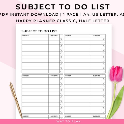Subject to Do List Planner. Study Task To-do Checklist for - Etsy
