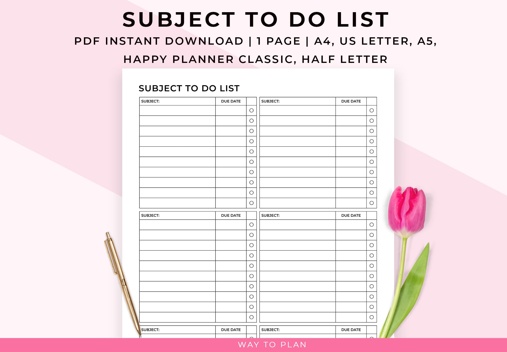 Subject to Do List Planner. Study Task To-do Checklist for School ...