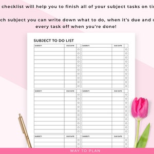Subject to Do List Planner. Study Task To-do Checklist for School ...