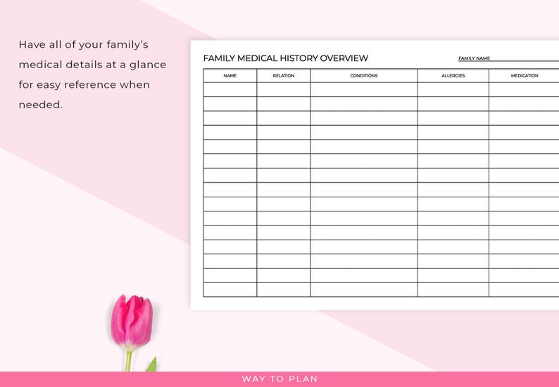 Family Medical History Log, Printable Family Health Planner, Patient ...