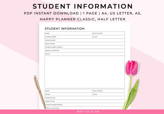 Student Information Sheet for Teachers. Emergency Contact - Etsy
