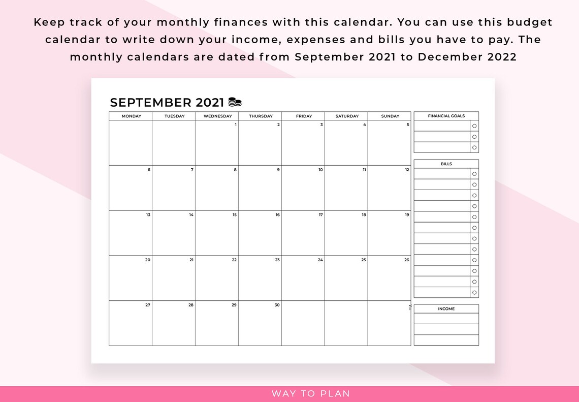 Monthly Budget Calendar Printable. Personal Finance Calendar. - Etsy