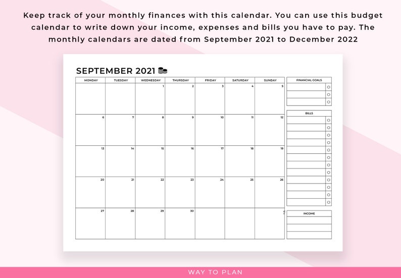 Monthly Budget Calendar Printable. Personal Finance Calendar. - Etsy