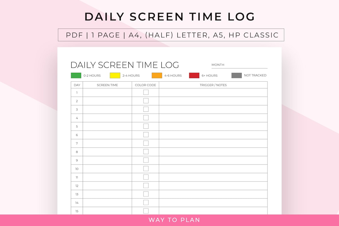 Daily Screen Time Log, Screen Time Checklist to Get an Overview of Your ...