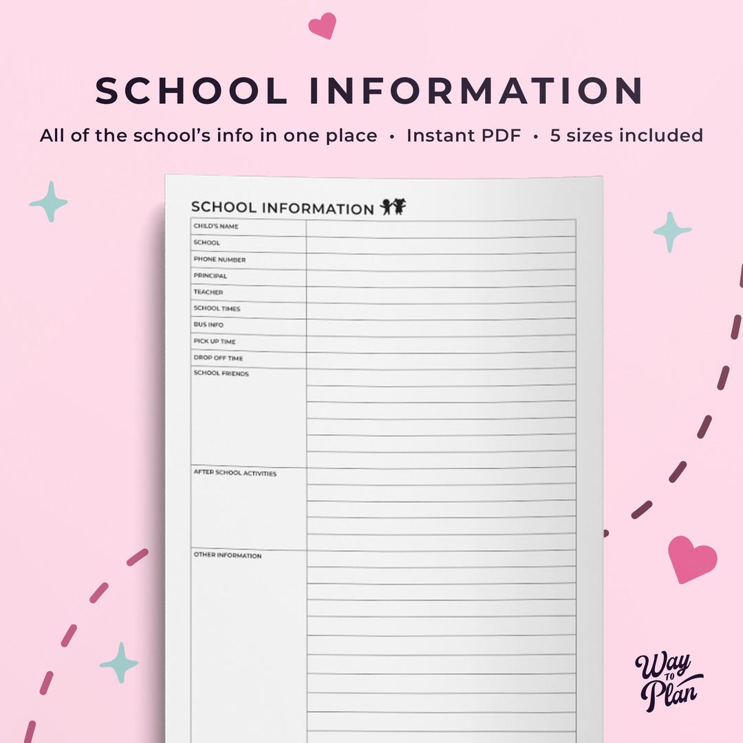 Child School Information Printable. Kid School Details. School Bus ...