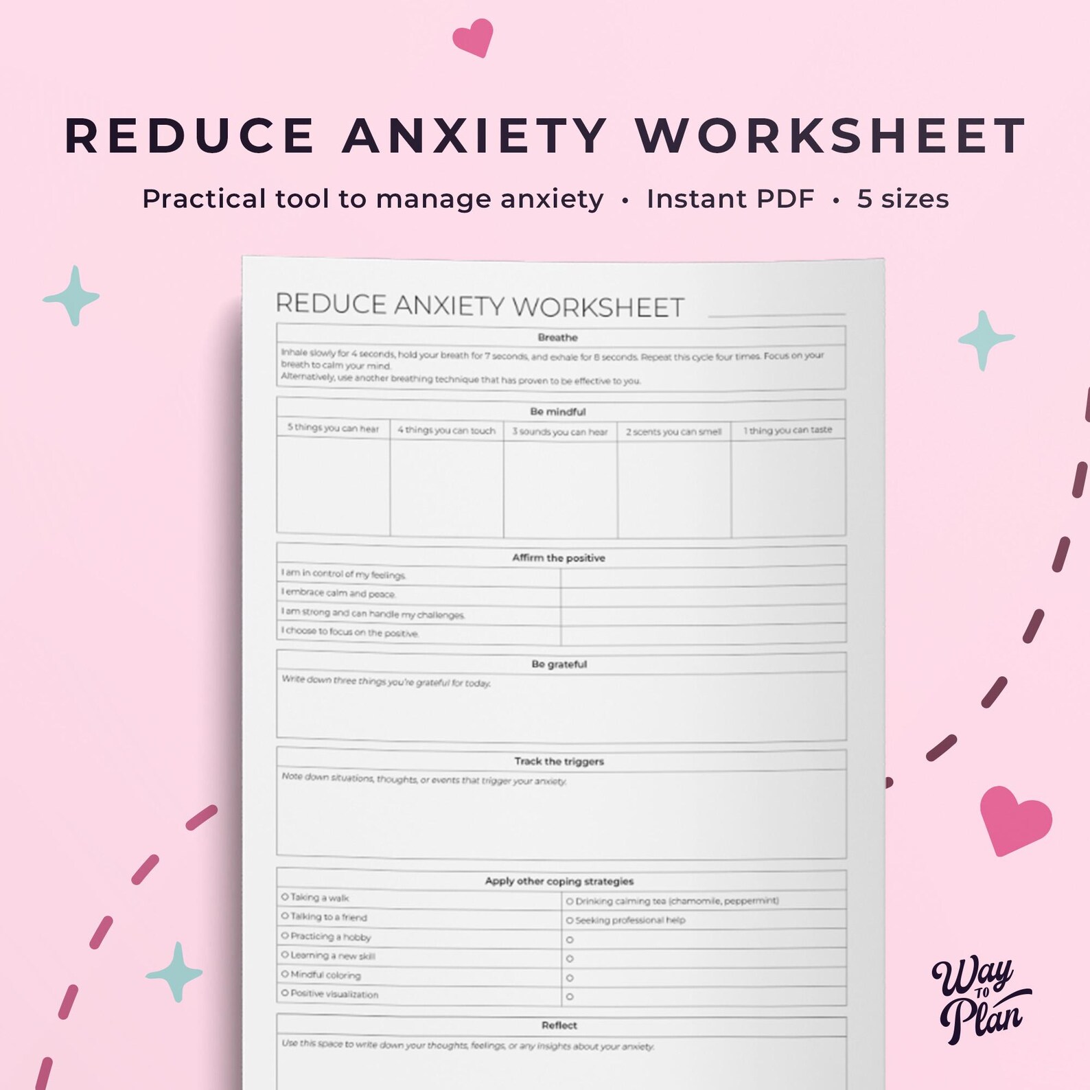 Reduce Anxiety Worksheet to Help You Calm Down Your Anxiety - Etsy