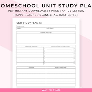 Homeschool Unit Study Template. Printable Unit Study Planner ...