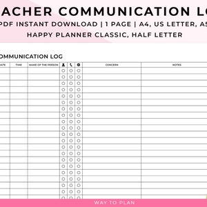 Teacher Communication Log. Parent Communication Notebook Page ...