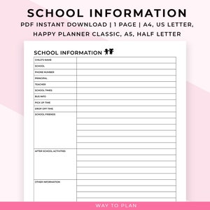 Child School Information Printable. Kid School Details. School Bus ...