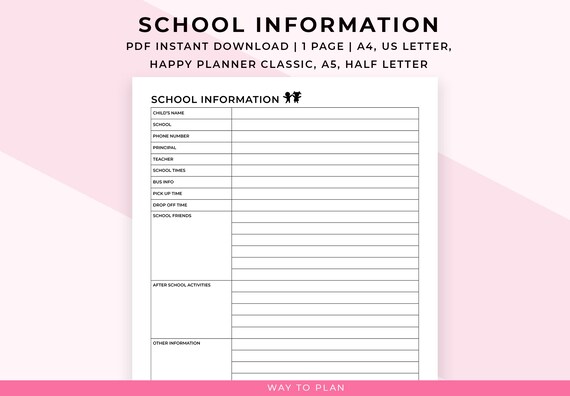 Child School Information Printable. Kid School Details. School | Etsy