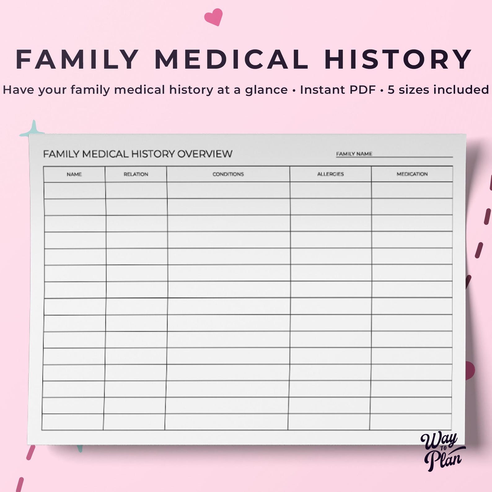 Family Medical History Log, Printable Family Health Planner, Patient ...