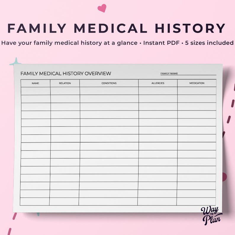 Family Medical History Log, Printable Family Health Planner, Patient ...