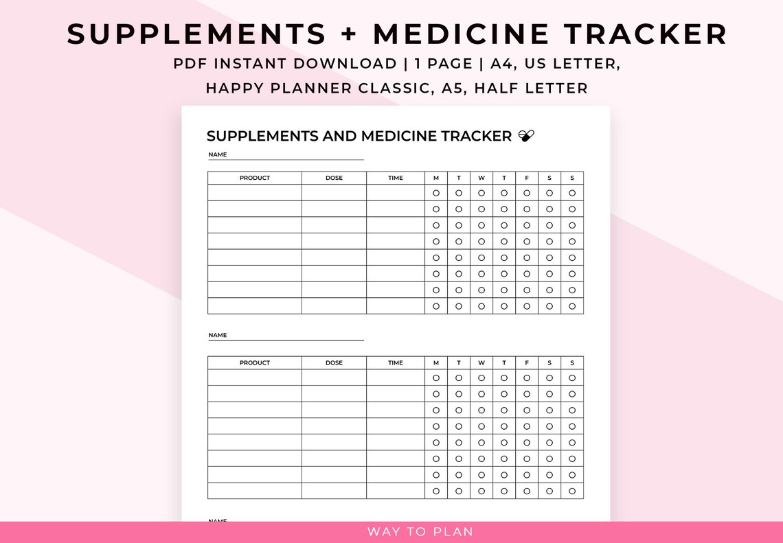 Vitamin Tracker Printable. Supplements Checklist. Daily Weekly. Taking ...