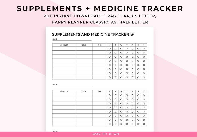 Vitamin Tracker Printable. Supplements Checklist. Daily Weekly. Taking ...