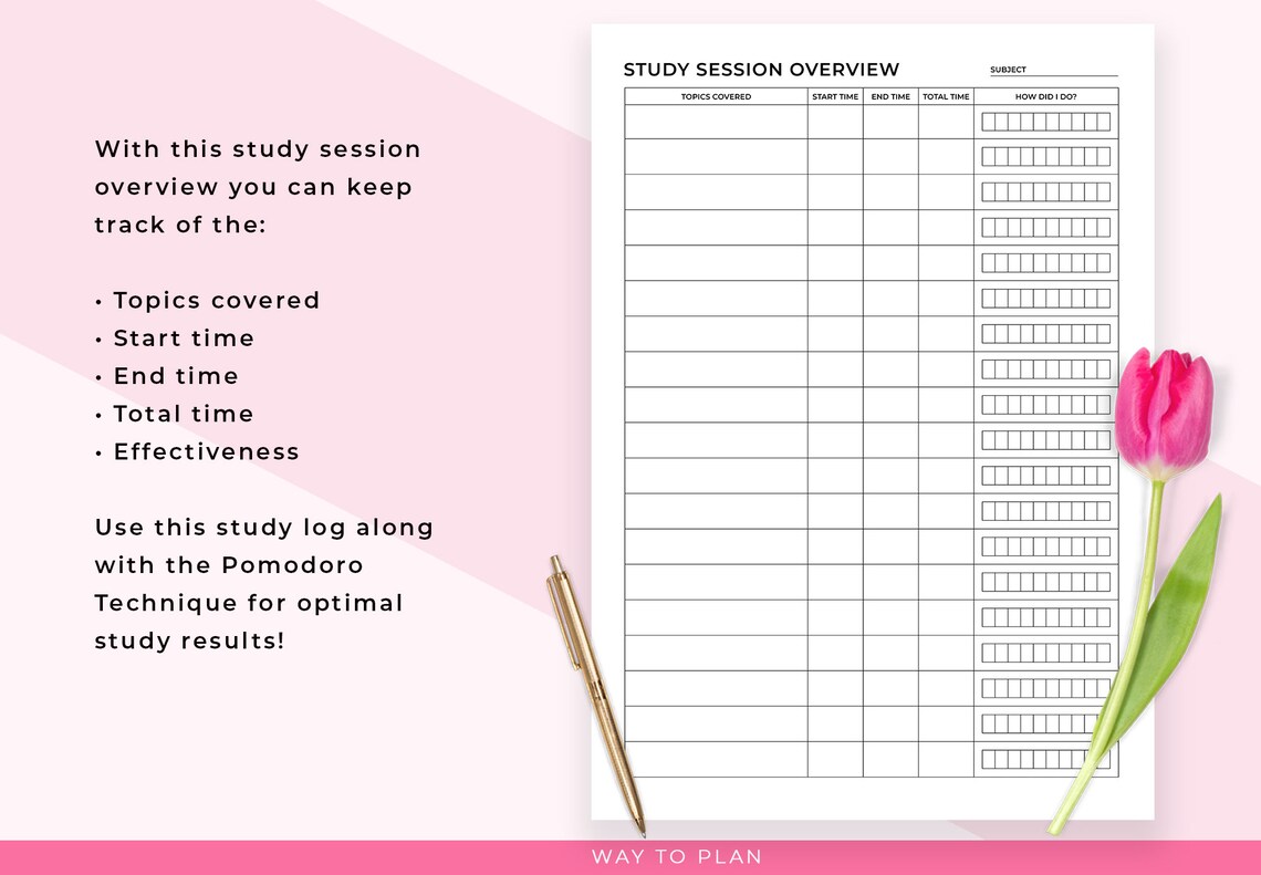 Study Session Tracker. Pomodoro Technique. Printable Study Log Timer ...