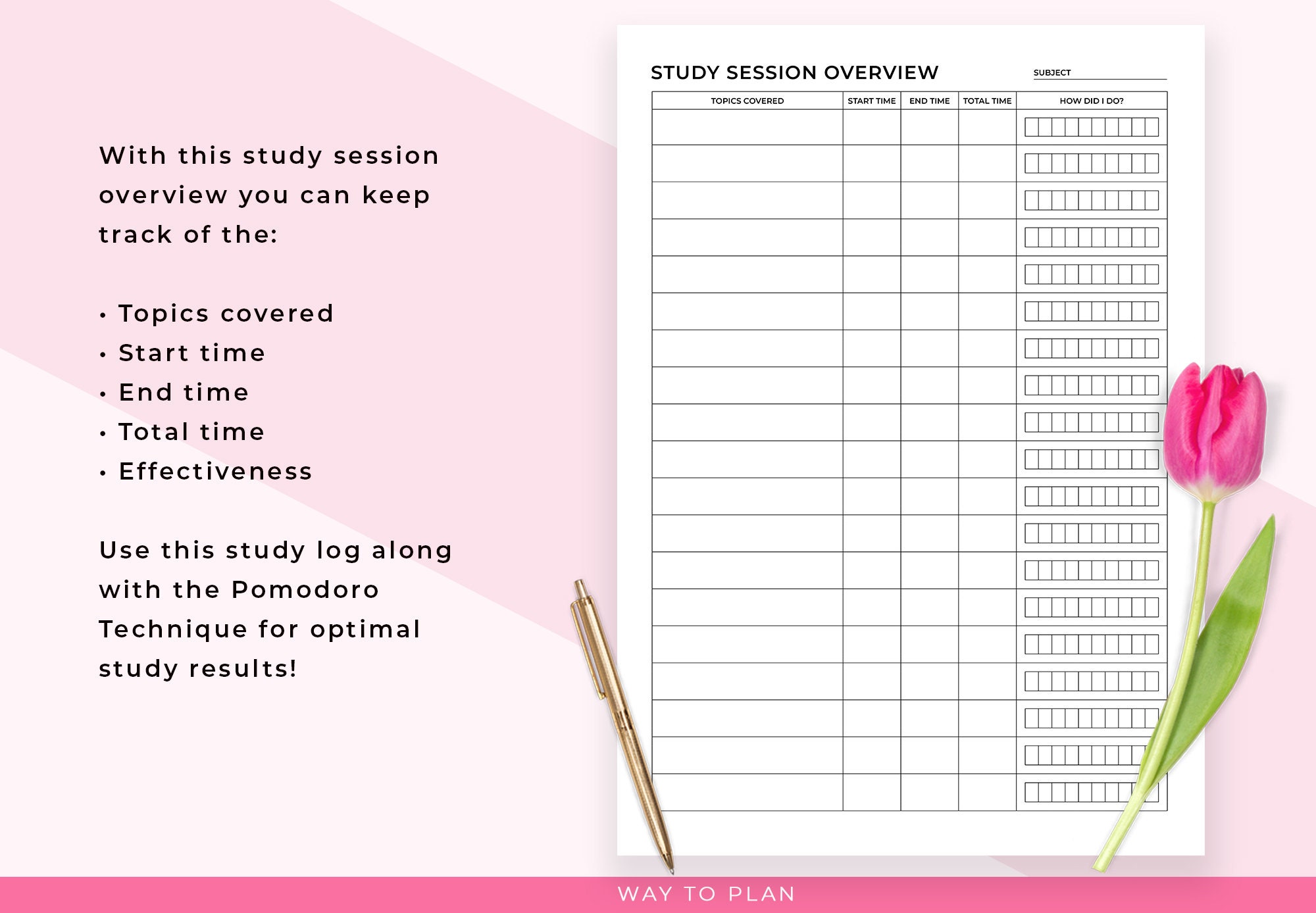 Study Session Tracker. Pomodoro Technique. Printable Study Log Timer ...