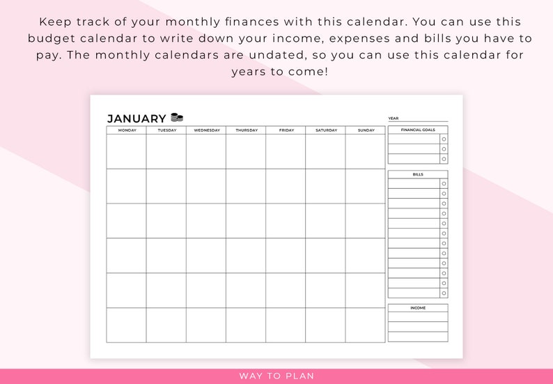 Monthly Budget Calendar Printable. Personal Finance Calendar. Bill ...