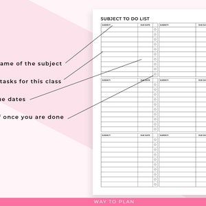 Subject to Do List Planner. Study Task To-do Checklist for School ...