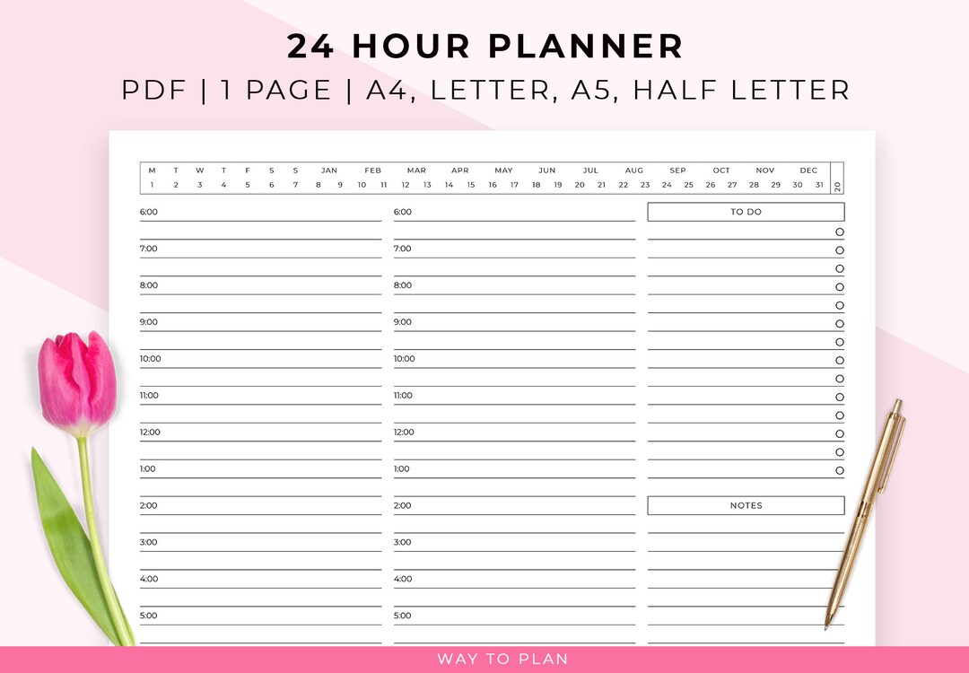 24 Hour Planner | Daily Planner Hourly | Time Log | 24 Hourly Planner ...